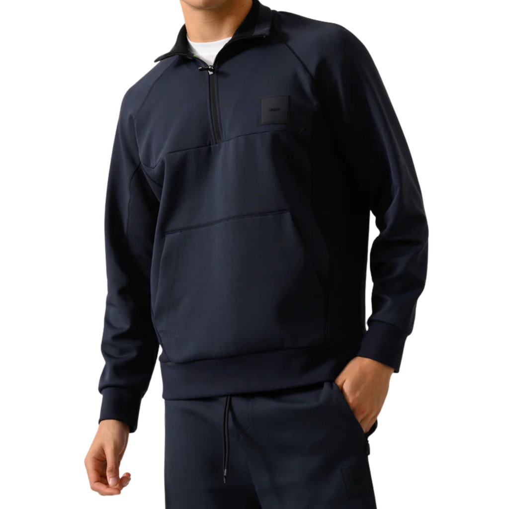 BOSS Dark Blue Sweat Rib Half Zip Sweat | Hurleys